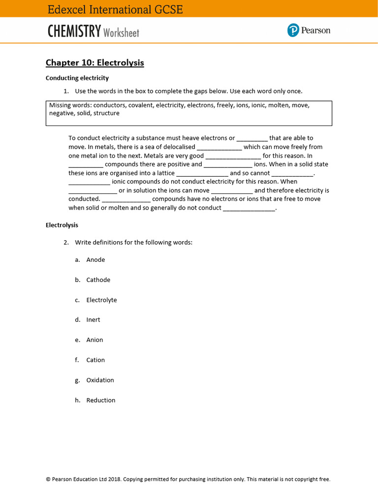 iGCSE - Chem - Worksheet 10 - Electrolysis | PDF | Ion | Electrode