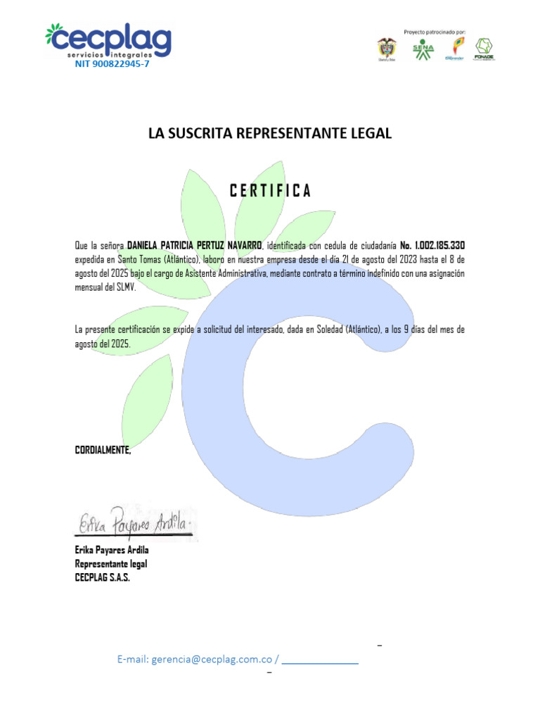Daniela Pertuz Carta Laboral | PDF