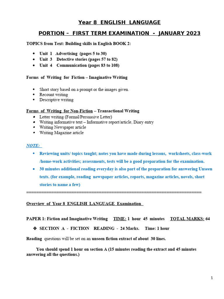 Year 8 English Language Exam Overview | PDF | Linguistics | Grammar