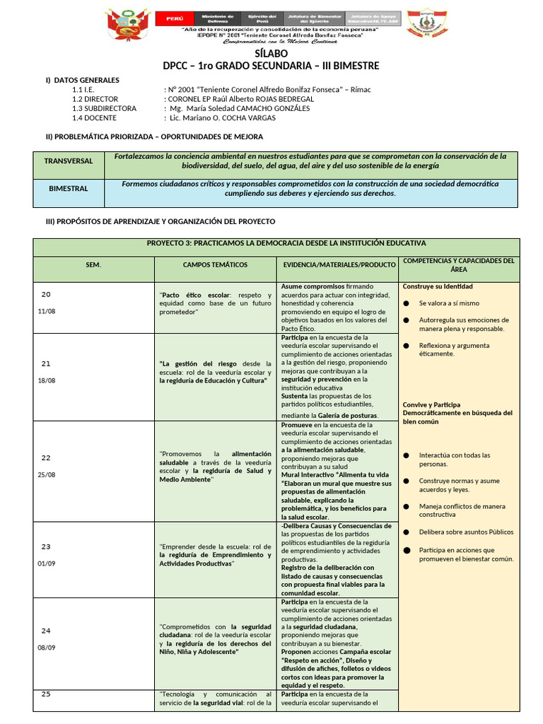 Sílabo DPCC 1ro Grado Secundaria | PDF | Evaluación | Maestros