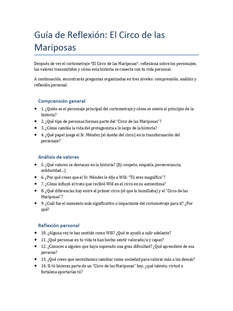 Reflexión sobre El Circo de las Mariposas | PDF