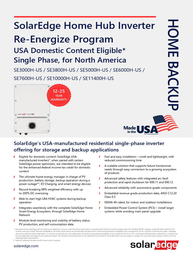 Inverter - Solaredge - Datasheet - USE3000H SE11400H - Se Home Hub ...