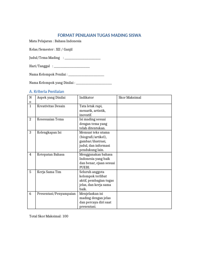 Format Penilaian Tugas Mading Siswa | PDF