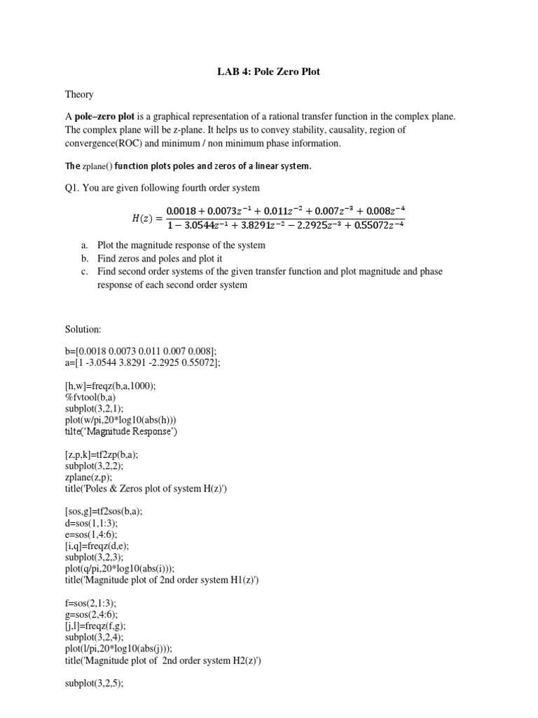 LAB 4: Pole Zero Plot: Zplane | PDF