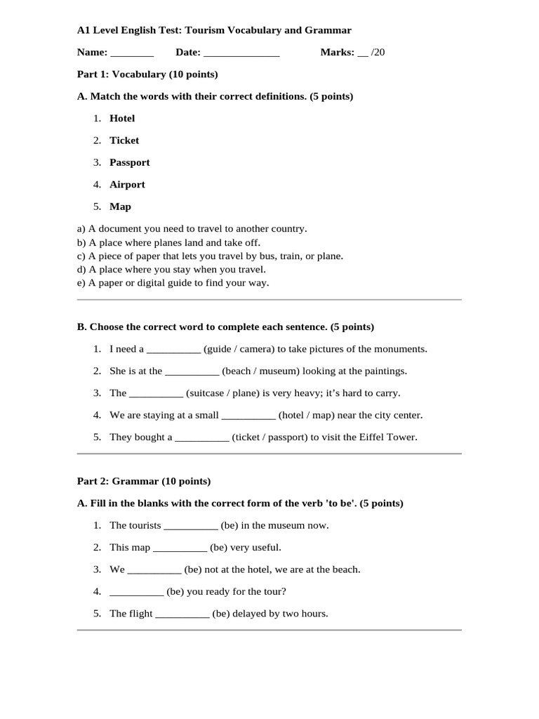 A1 English Test: Tourism Vocabulary | PDF