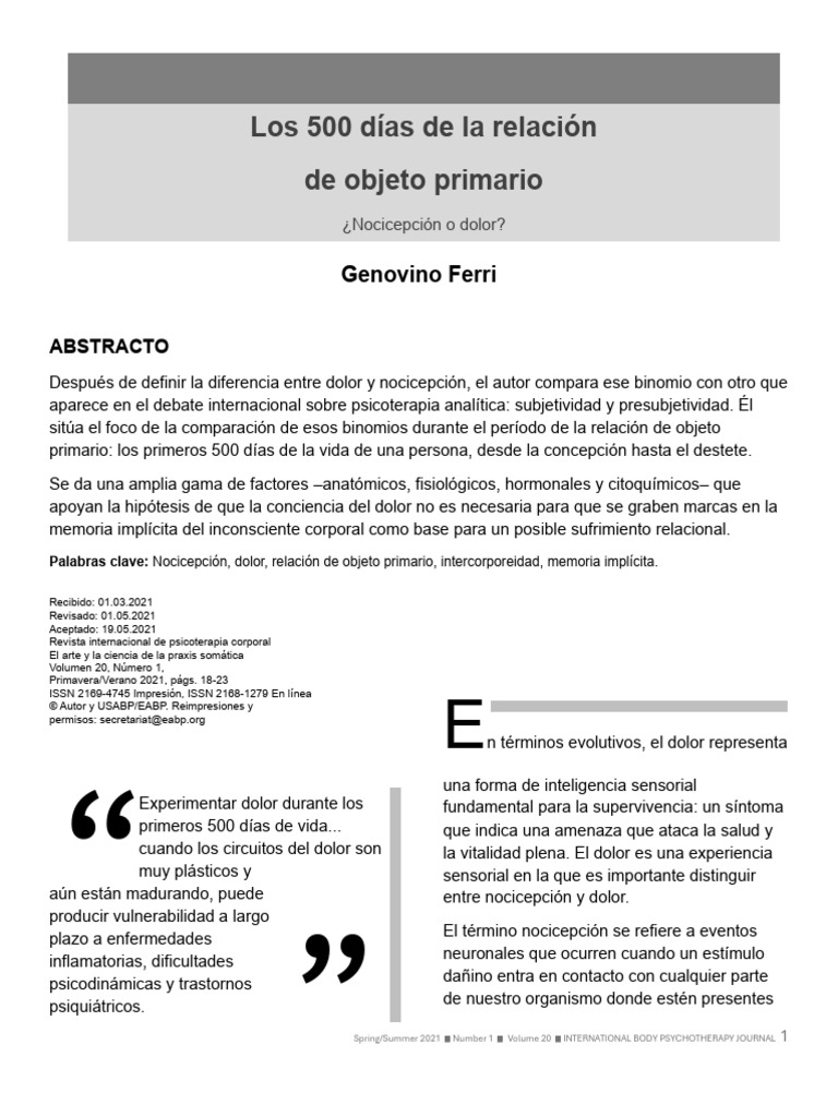 Los 500 Días de La Relación Primaria de Objeto, Genovino Feri | PDF | Dolor | Parto