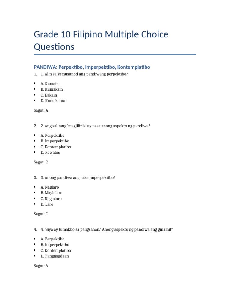 Grade10 Filipino Quiz 1to50 | PDF
