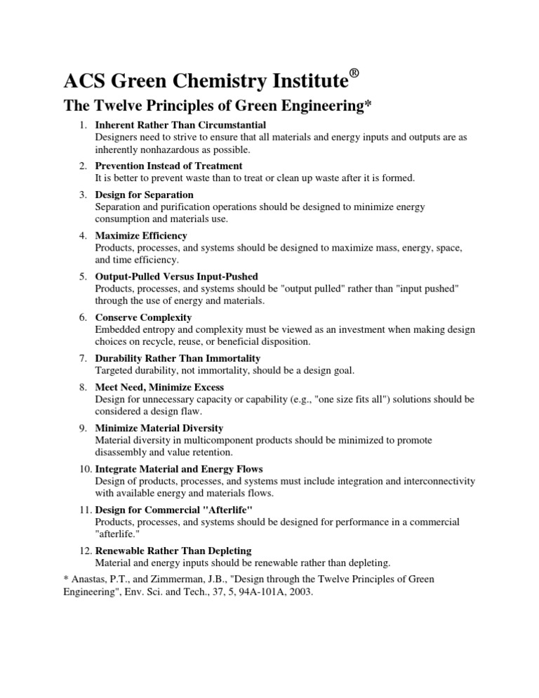 ACS Green Chemistry Institute 12 Principles Green Engineering | PDF