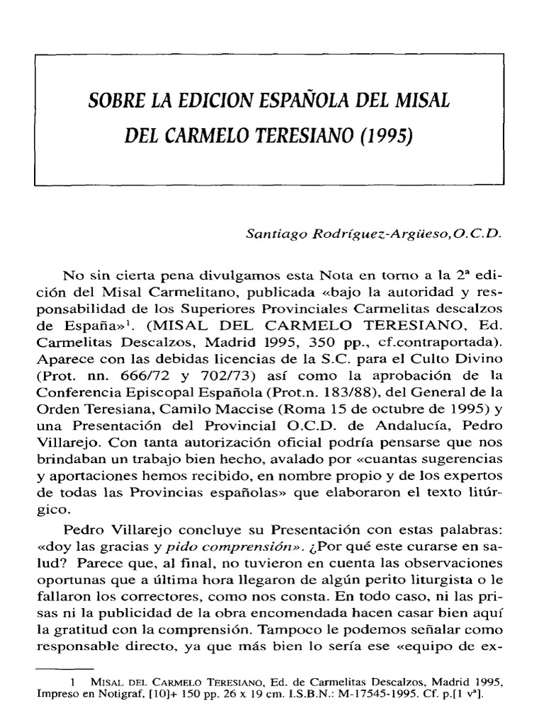 Sobre La Edición Española Del Misal Del Carmelo Teresiano 1995 | PDF ...