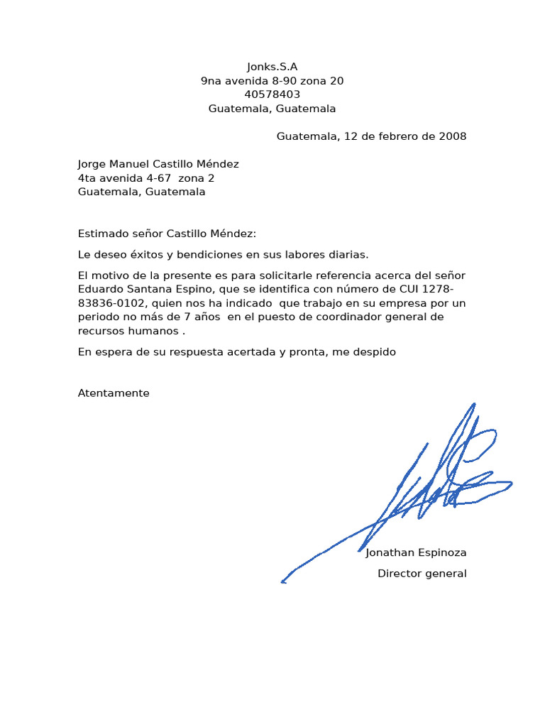 Solicitud de referencia laboral para Eduardo Santana | PDF