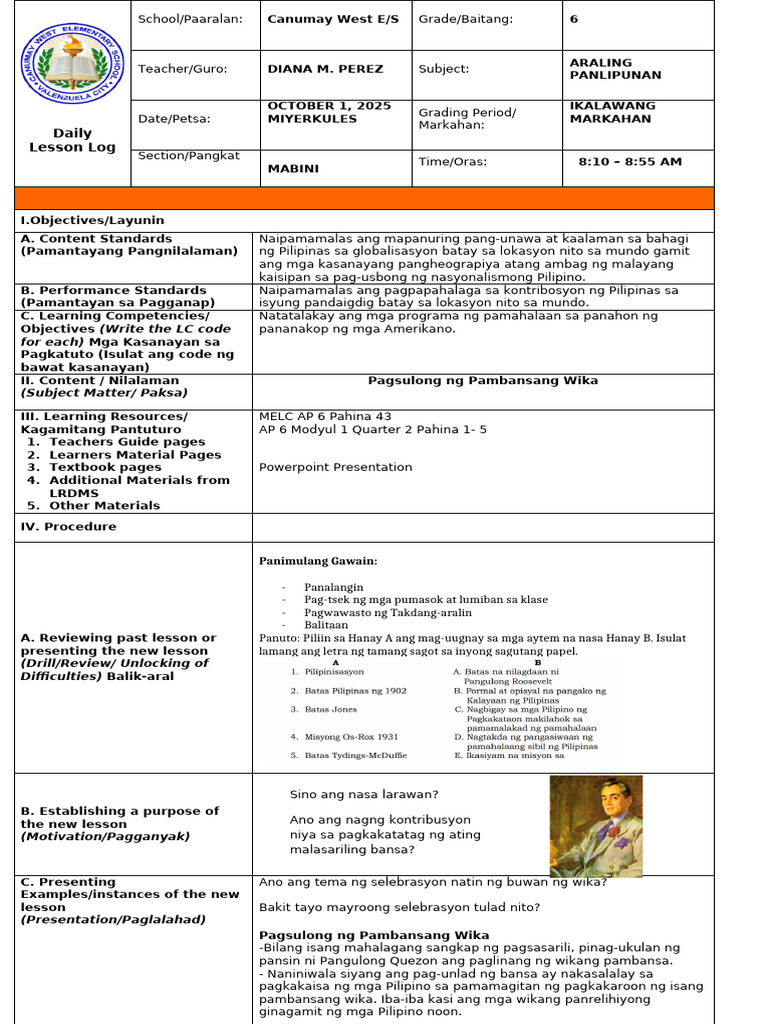 Ap 6 Quarter 2 Programa NG Pamahalaang Komonwelt Oct 1 Pagsulong NG ...