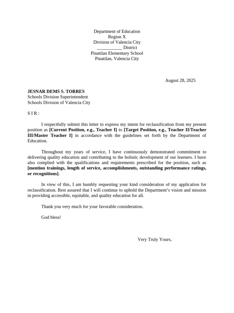 Intent Letter for Teacher Reclassification | PDF