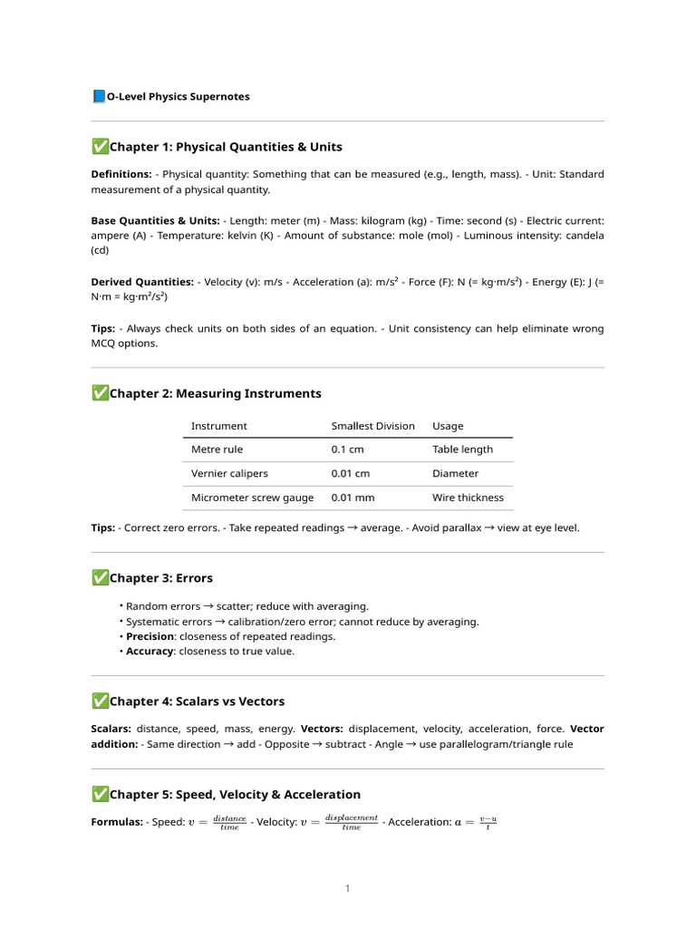 O Level Physics Supernotes | PDF | Acceleration | Velocity