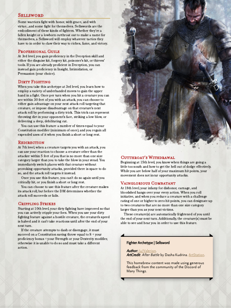 Fighter Subclass - Sellsword - GM Binder | PDF