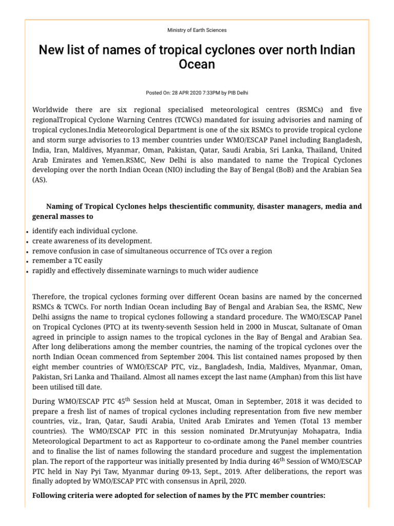 Press Release - Cyclone Name | PDF | Tropical Cyclones | Atmospheric ...
