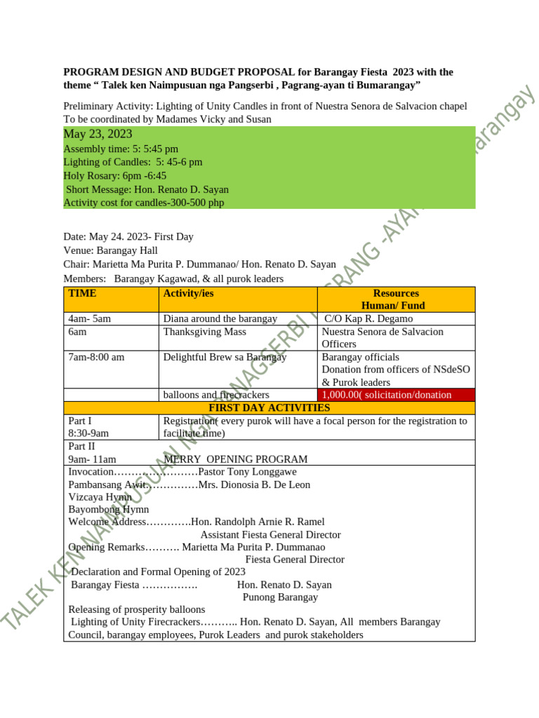 Program Design and Budget Proposal For Barangay Fiesta 2023 With The Theme | PDF