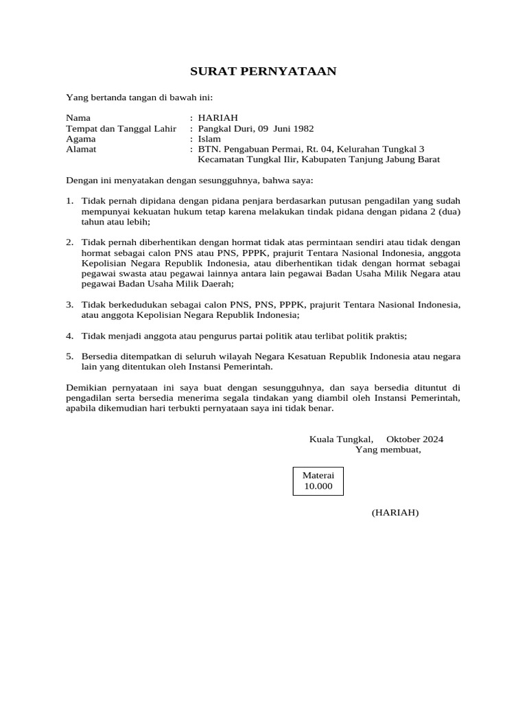 Surat Pernyataan Hariah dan Sandy Afrizon | PDF