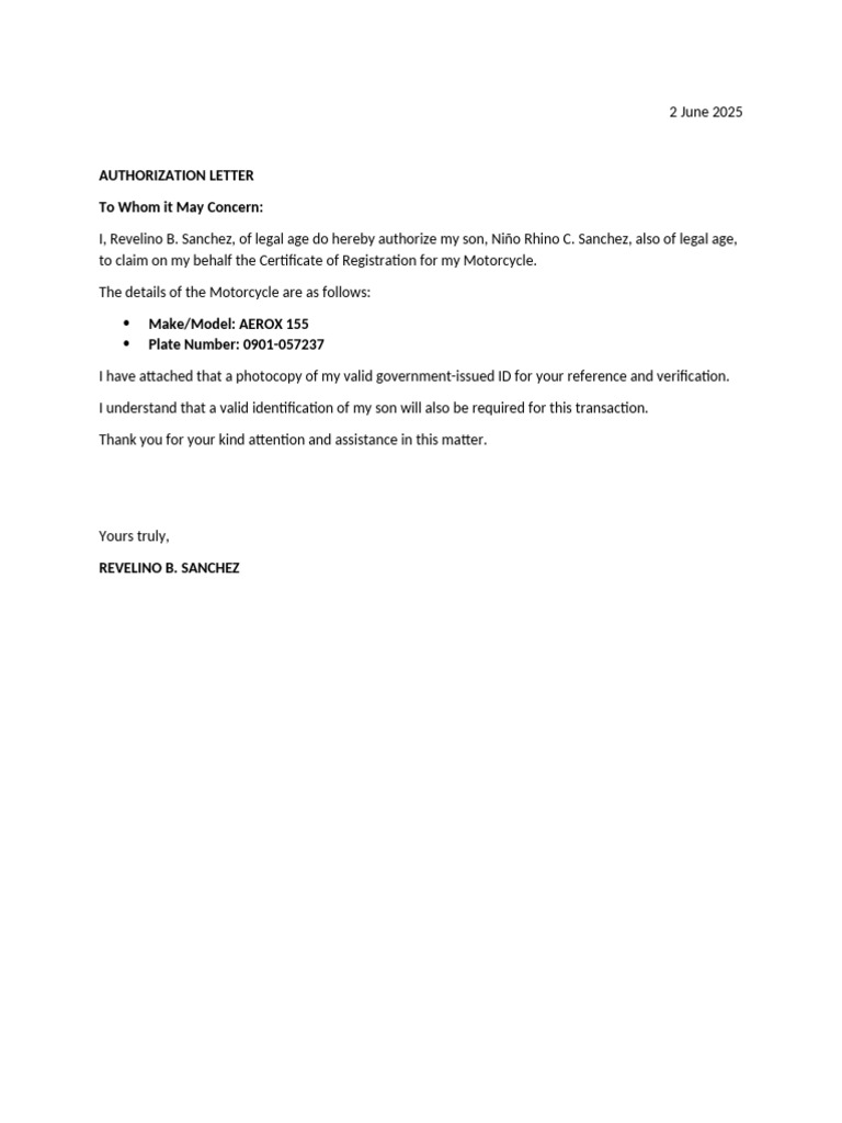 Authorization Letter for Motorcycle Registration | PDF