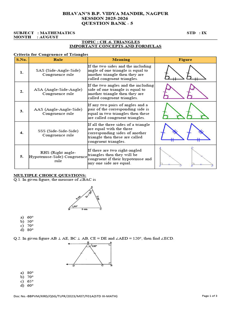 IX Math Question Bank: Triangles | PDF | Triangle | Geometry