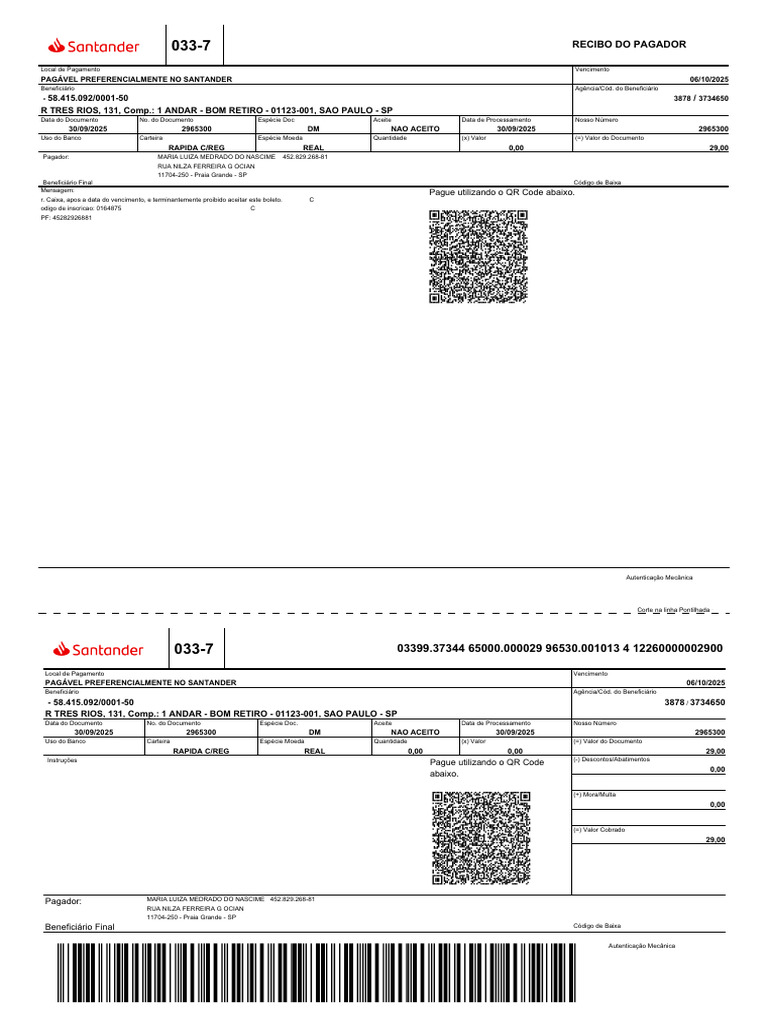 Recibo de Pagamento - Boleto Santander | PDF