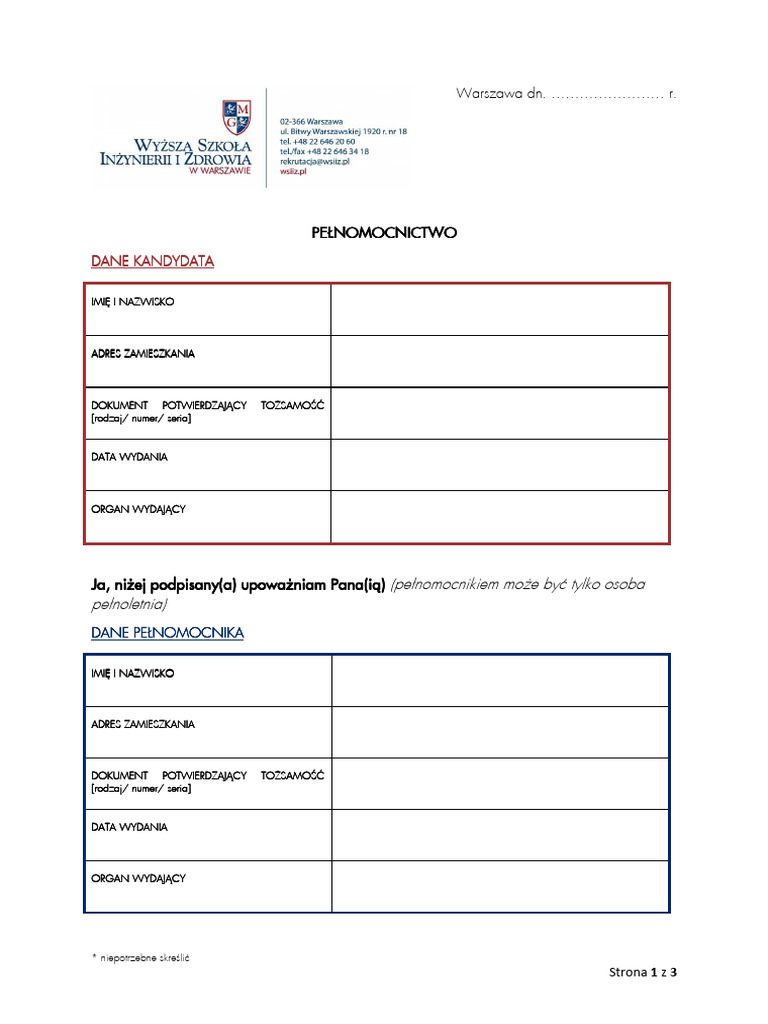 Pelnomocnictwo Kandydat Dorosly | PDF