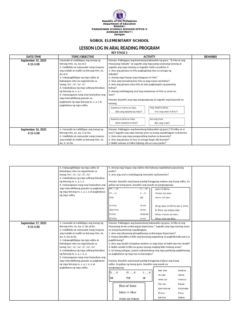 Aral Program Activity Log Carmz Per Week | PDF