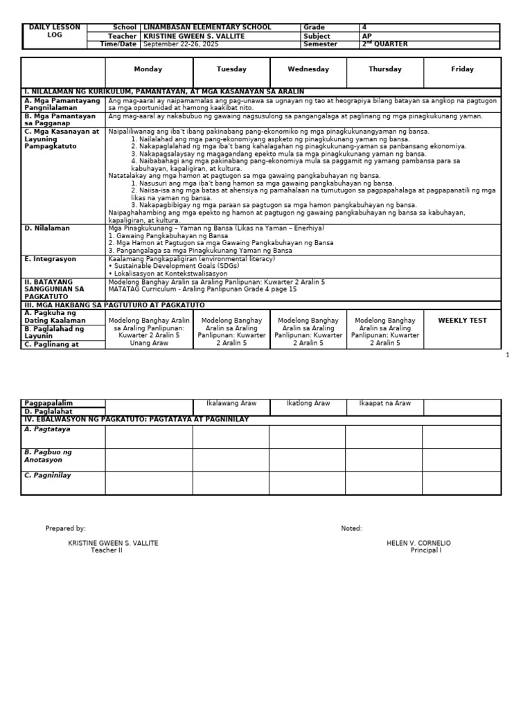 DLL - AP 4 Week 5 | PDF