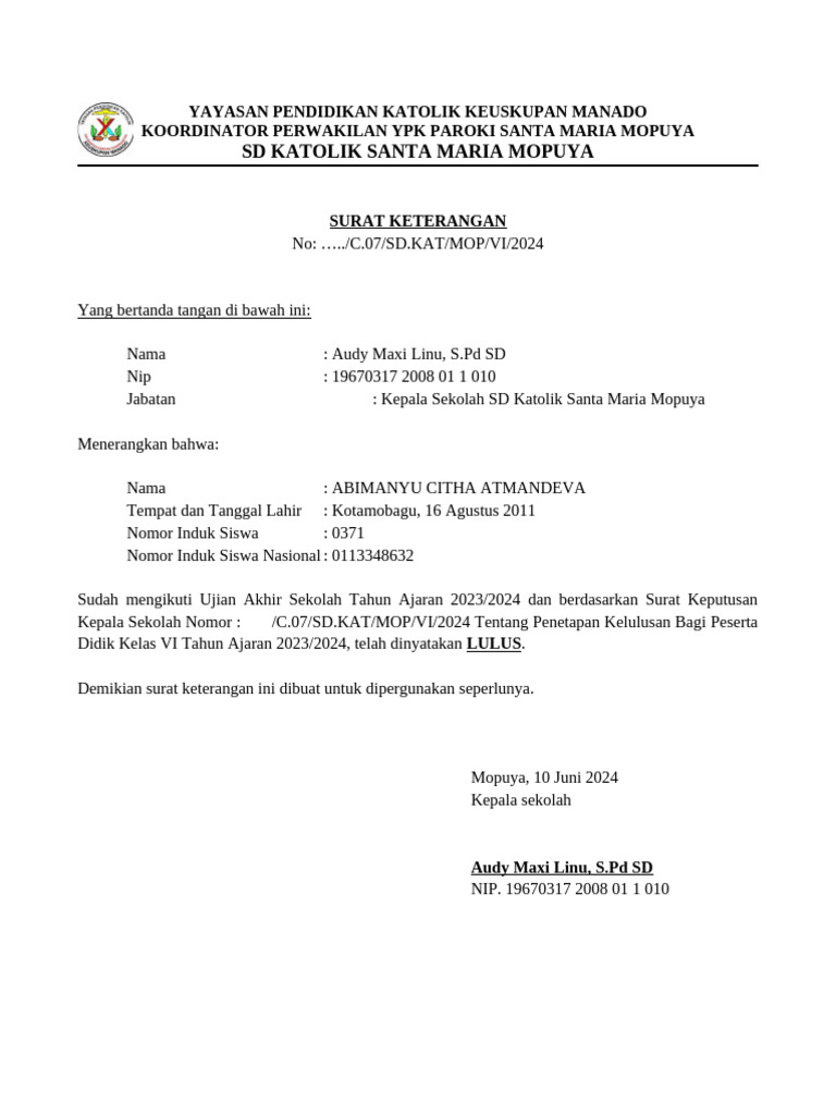 Surat Keterangan Lulus | PDF