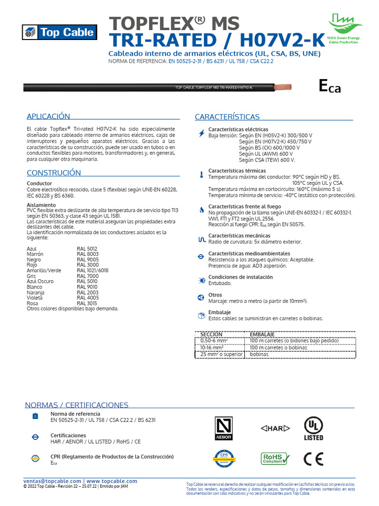 Cable Topflex® Tri-rated H07V2-K | PDF | Conductor electrico | Materiales