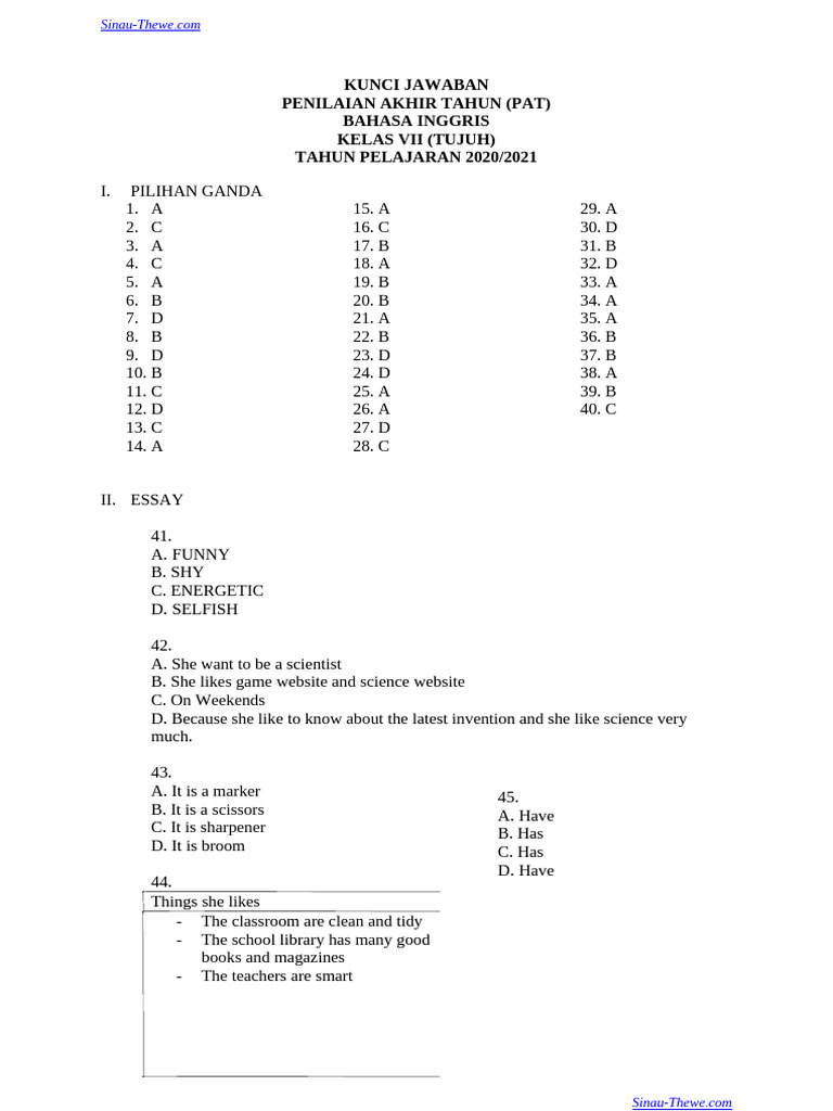 Kunci Jawaban PAT Kelas 7 Bahasa Inggris | PDF | Chess Theory | Chess Openings