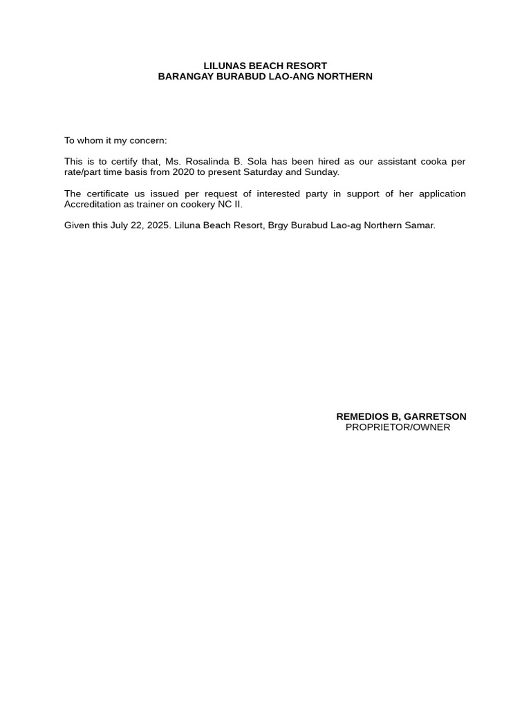 Employment Certification for Cook Trainer | PDF