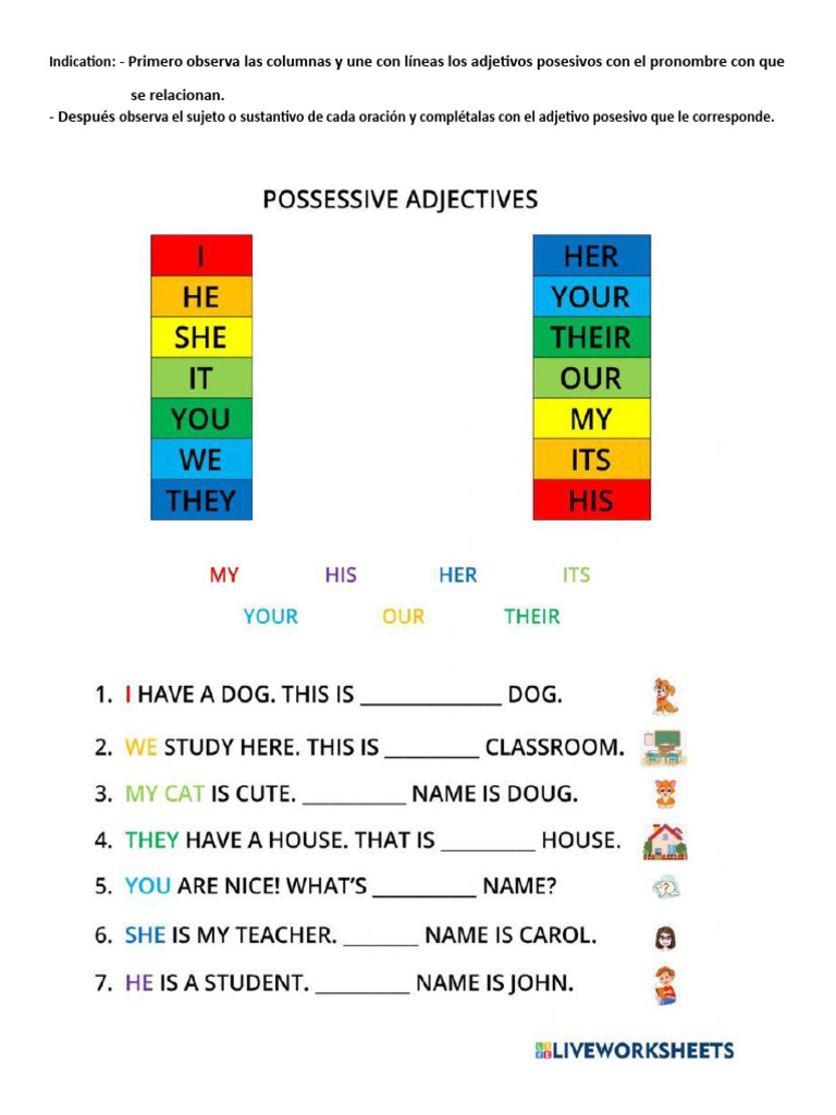 Ejercicio de Adjetivos Posesivos en Español | PDF