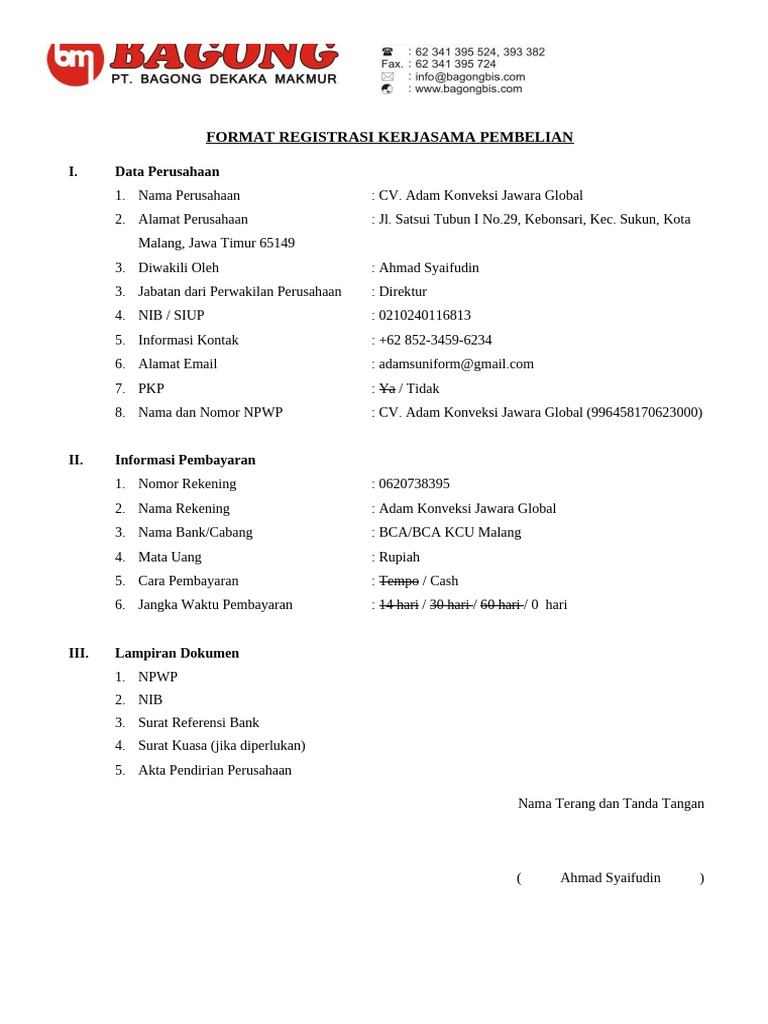 Format Registrasi Kerjasama Pembelian | PDF
