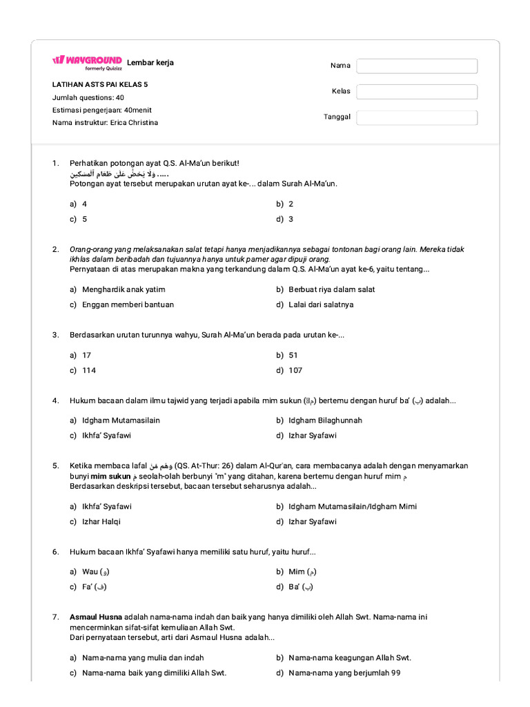 Latihan Asts Pai Kelas 5 - Wayground | PDF