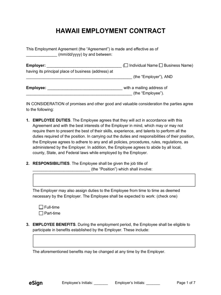 Hawaii Employment Contract Template | PDF | Labor | Business Law