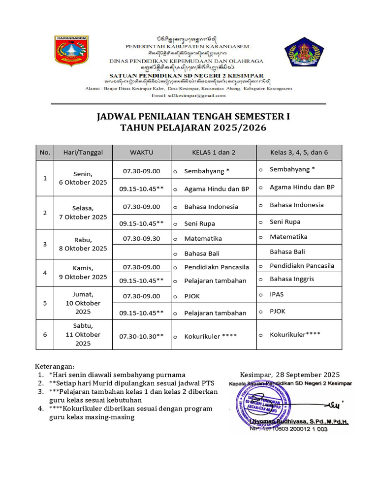 Jadwal Pts Semester I Tahun 2025 2026 | PDF