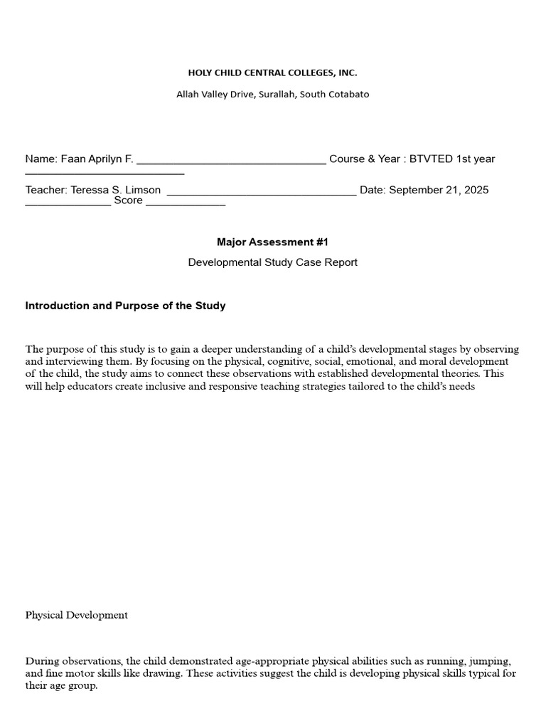 Child Development Case Study Report | PDF | Cognitive Development ...