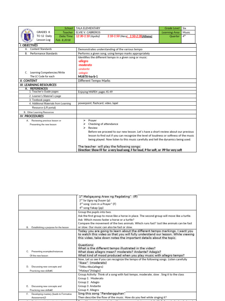 DLL-Music 6 Different Tempo Marks Q4 | PDF | Tempo | Cognition
