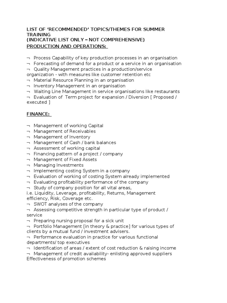 List of Recommended' Topics/Themes For Summer Training (Indicative List ...