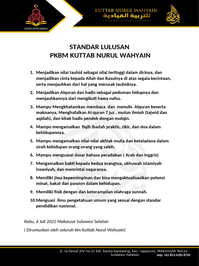 Standar Lulusan Kuttab Nurul Wahyain | PDF