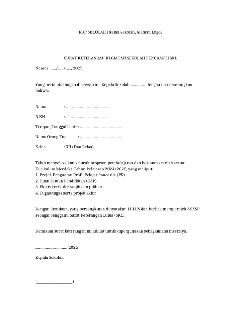 Surat Keterangan Lulus Sekolah 2025 | PDF