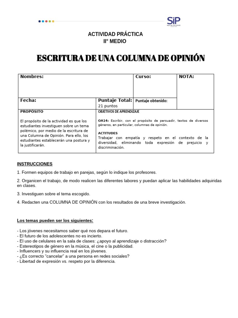 ACTIVIDAD - Escritura de Una Columna de Opinión | PDF | Comunicación ...