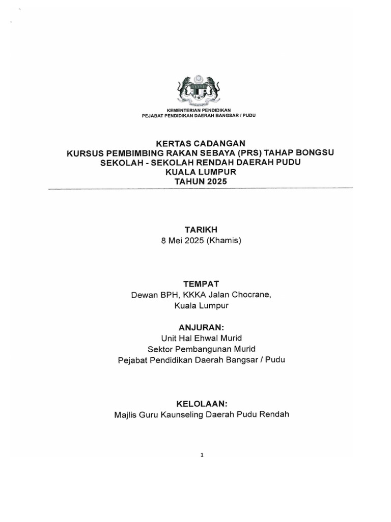 Kertas Cadangan Kursus Pembimbing Rakan Sebaya (PRS) Tahap Bongsu ...