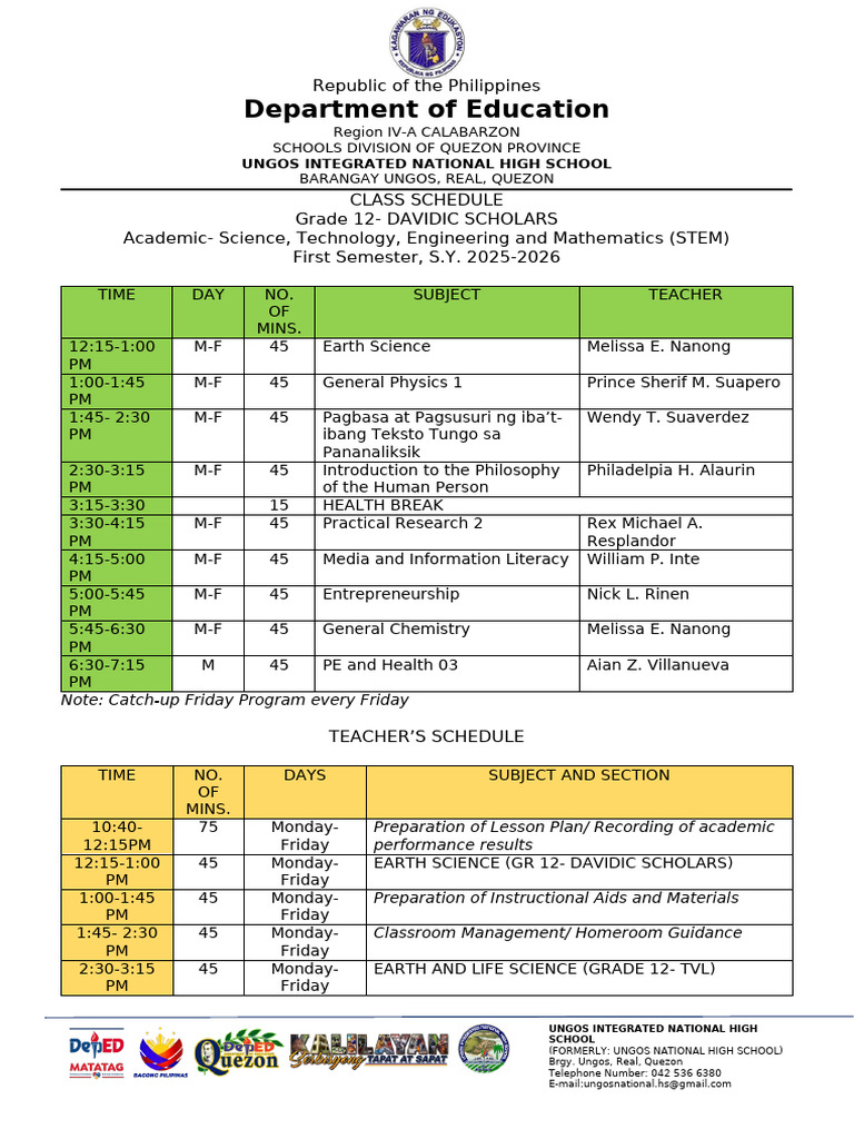 Ungos Integrated National High School Class Schedule | PDF