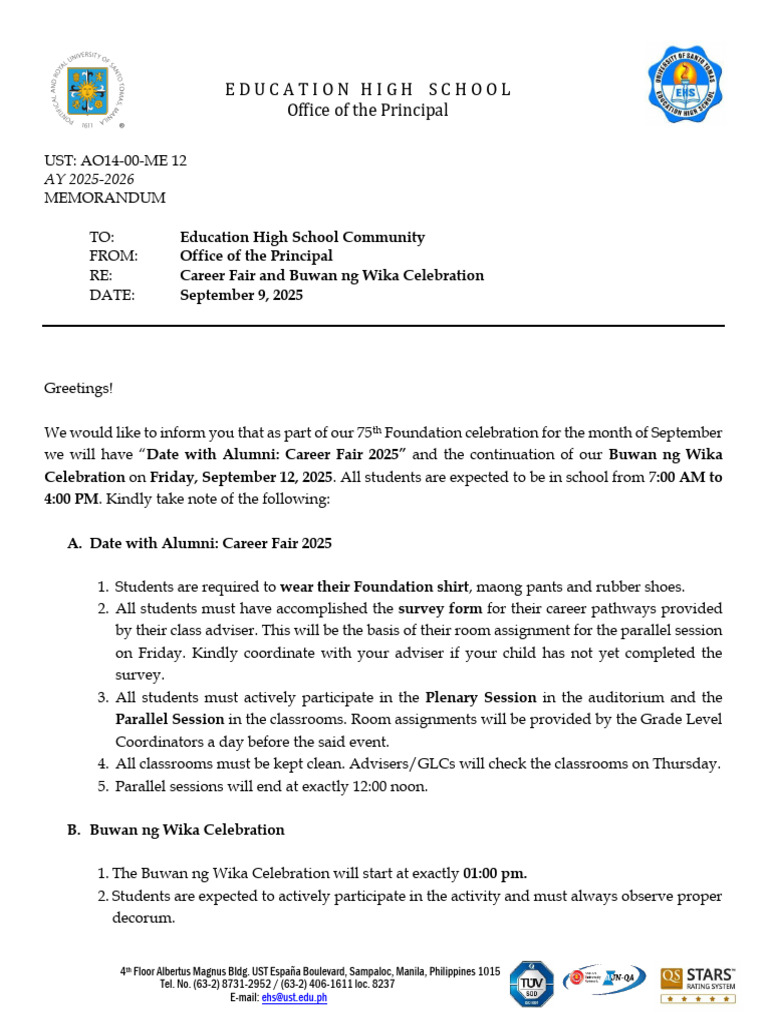 EHS MEMO #12-s.2025-2026 Career Fair and Buwan NG Wika Celebration | PDF