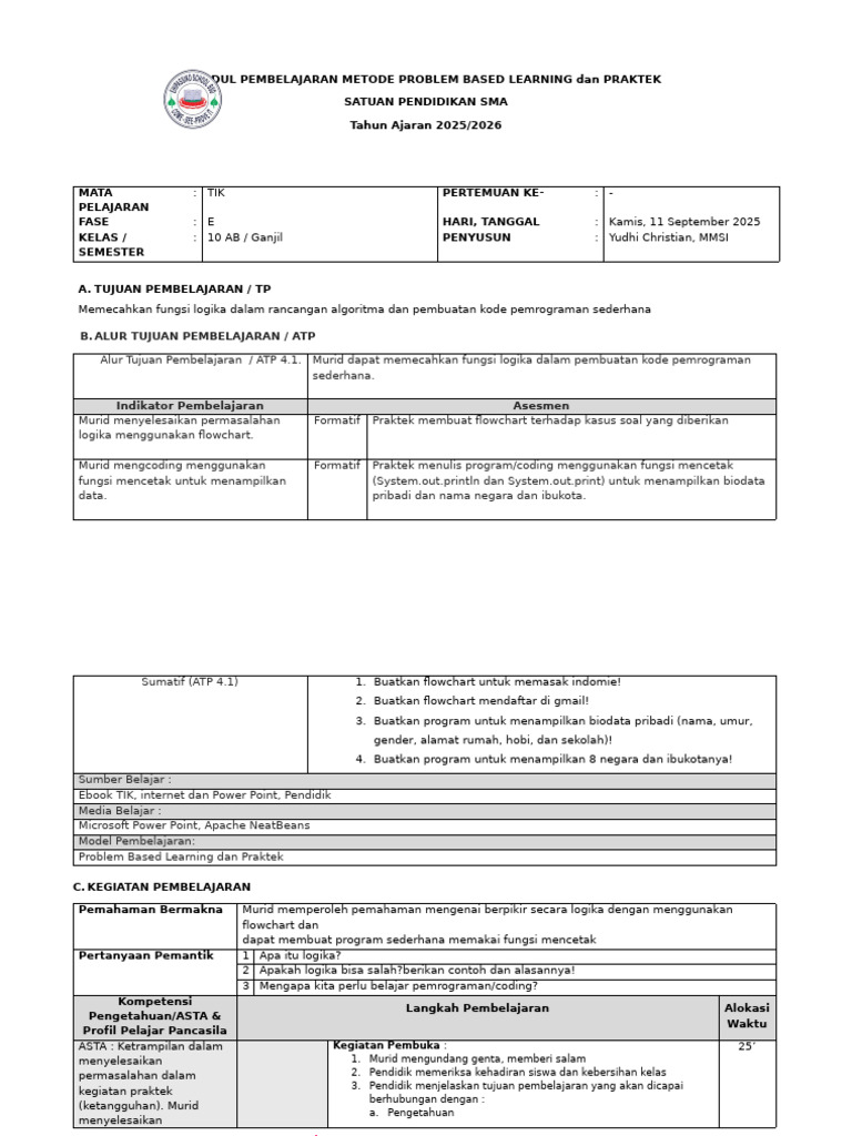 Modul Ajar (RPP) Tik Kelas 10ab | PDF