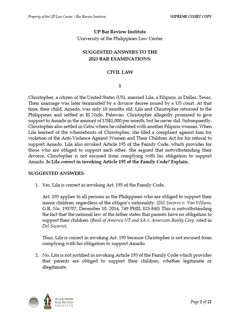 2023 Civil Law Bar Exam Suggested Answers | PDF | Mortgage Law | Will ...