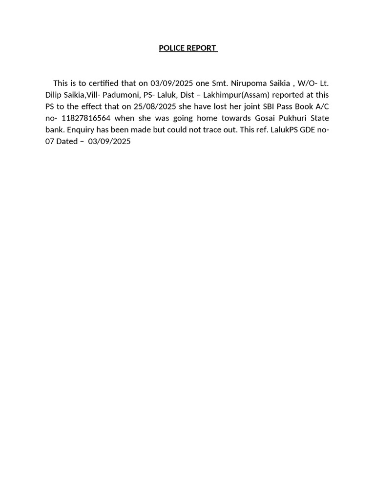 Lost SBI Pass Book Report - Assam | PDF
