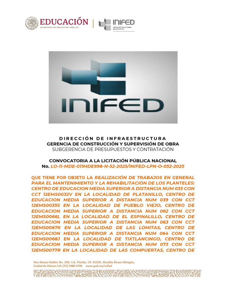 Licitación Pública Nacional INIFED 2025 | PDF | México | Ciudad de México