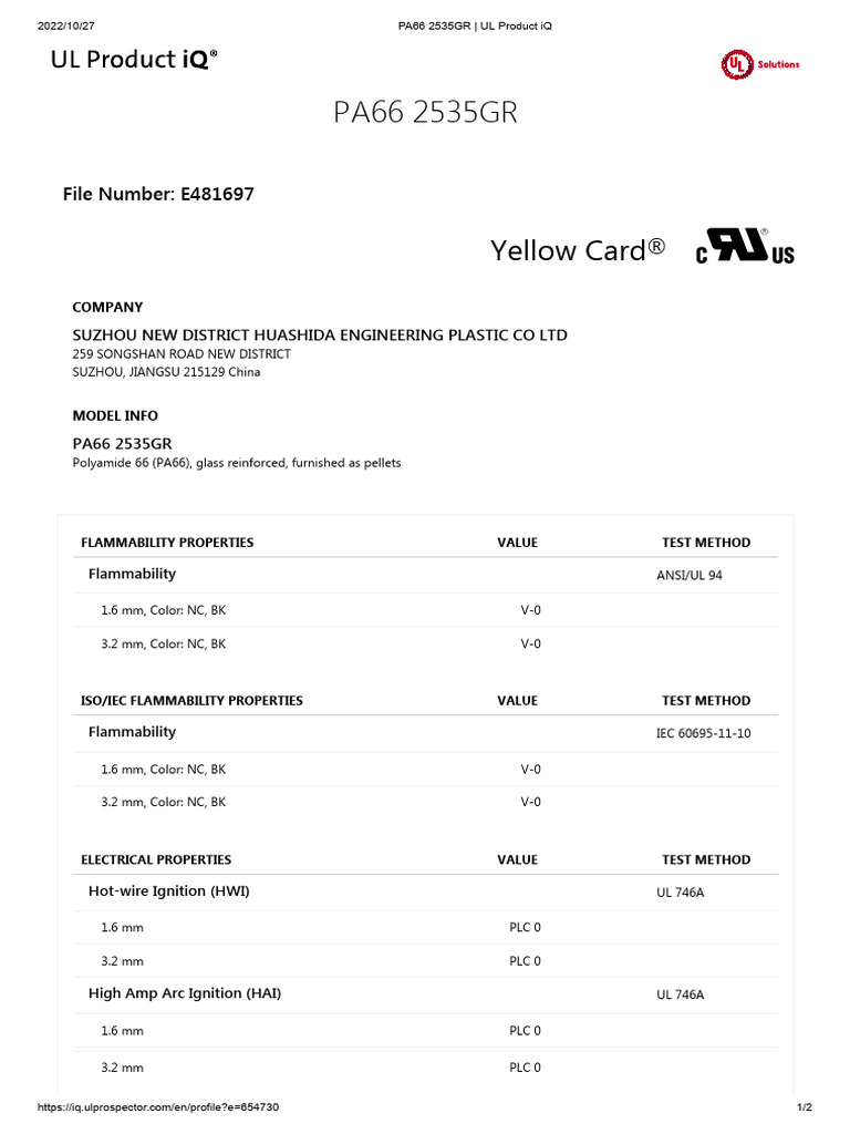 PA66 2535GR Flammability & Properties | PDF